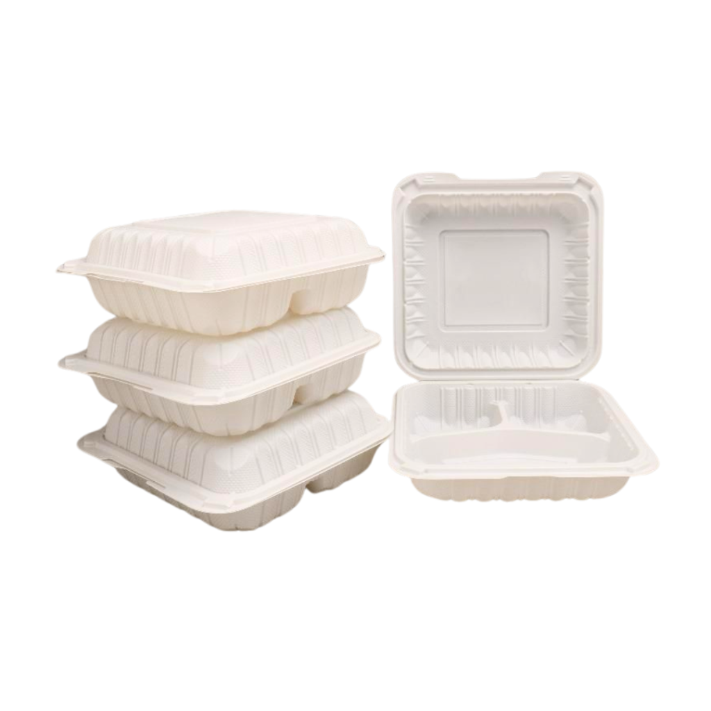 8" 3 Compartment Clamshell Container (CASE)-MFPP Material - Miguel Moses